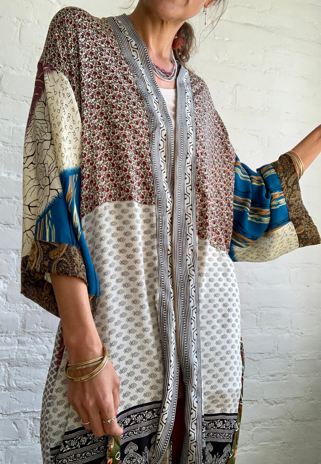 Silk Duster Coat Patchwork Daily Robe Morning Gown House Coat Colourful ...