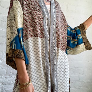 Silk Duster Coat Patchwork Daily Robe Morning Gown House Coat Colourful ...