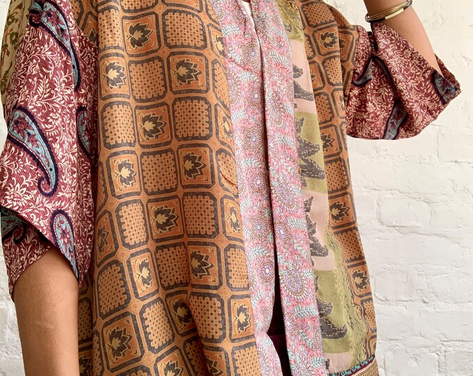 Patchwork Silk Shirt Unisex Upcycled Colorful Bronze Hippie - Etsy