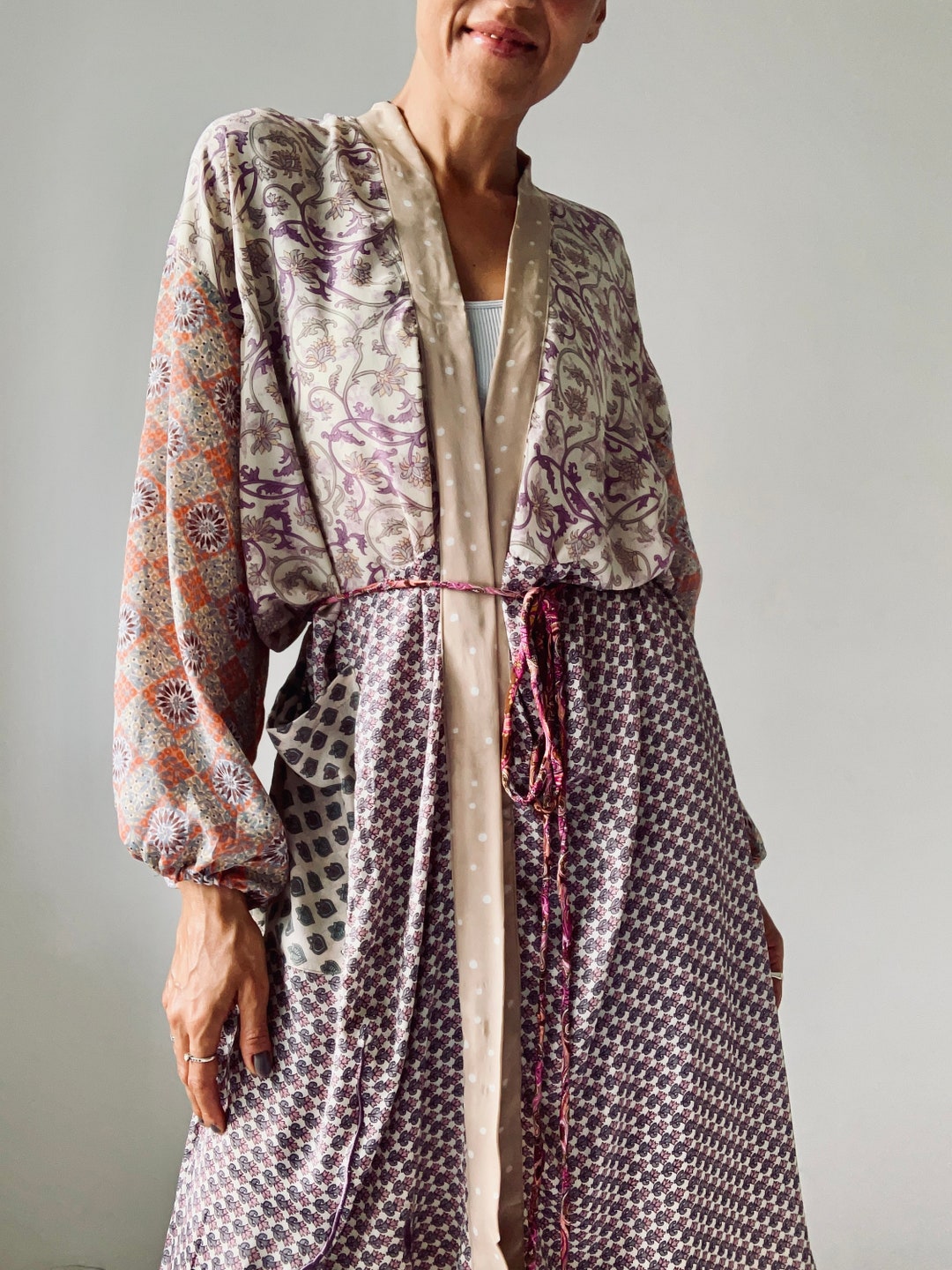 Silk Robe Puff Sleeve Comfy Wrap Tie Over Coat Morning Gown Night Gown ...