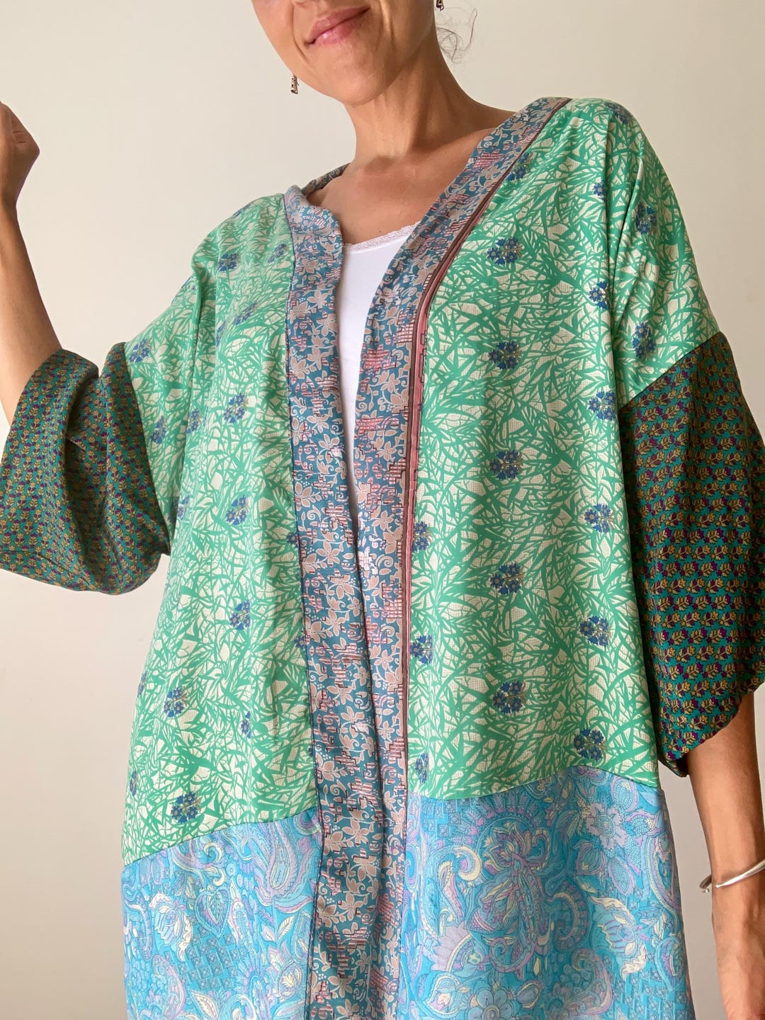 Funky Silk Shirt Oversized Colorful Boho Kimono Top Patchwork Summer ...