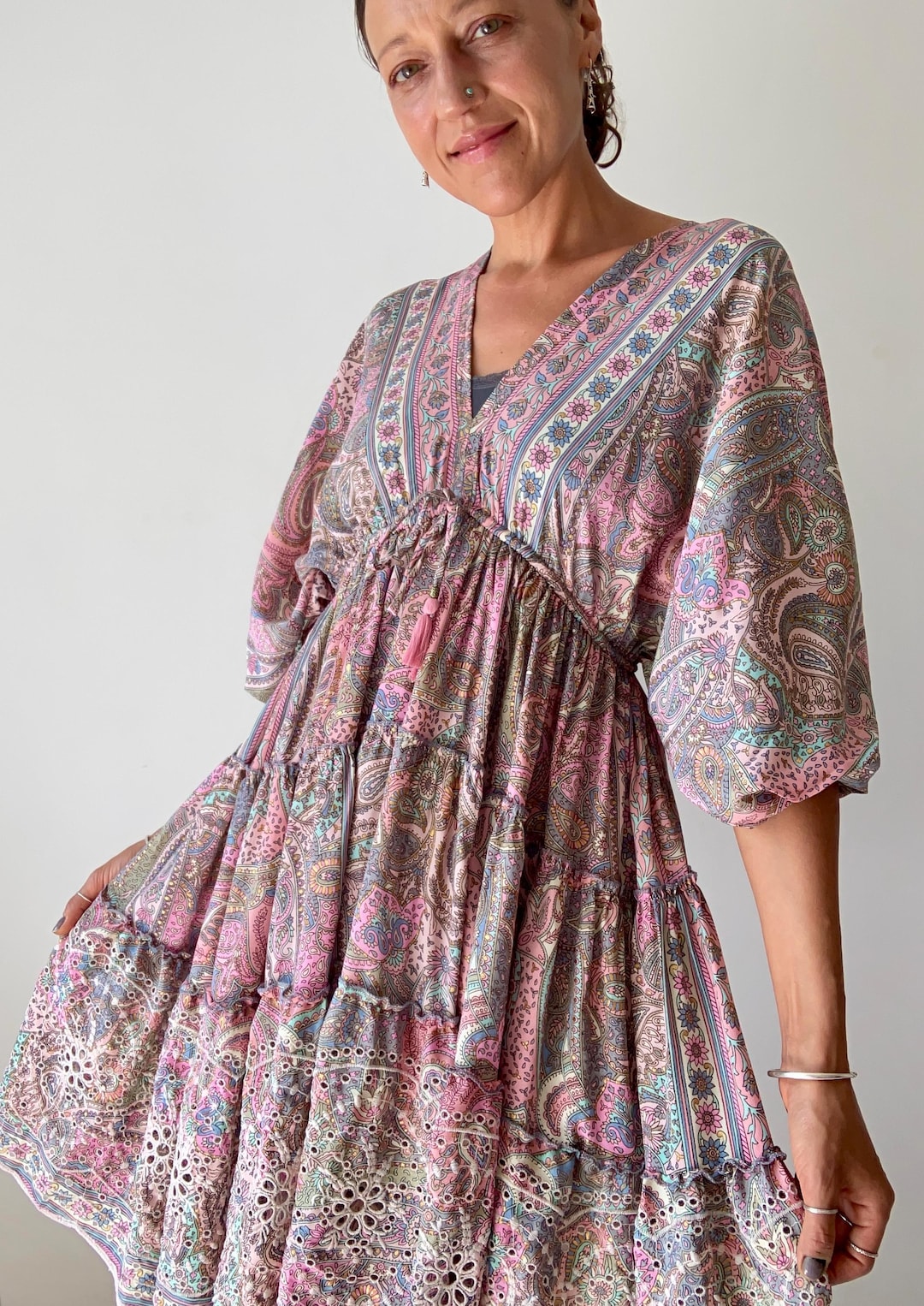 Boho Midi Dress, Pastel Print, Flowy Wrap Tunic, M/L - Etsy