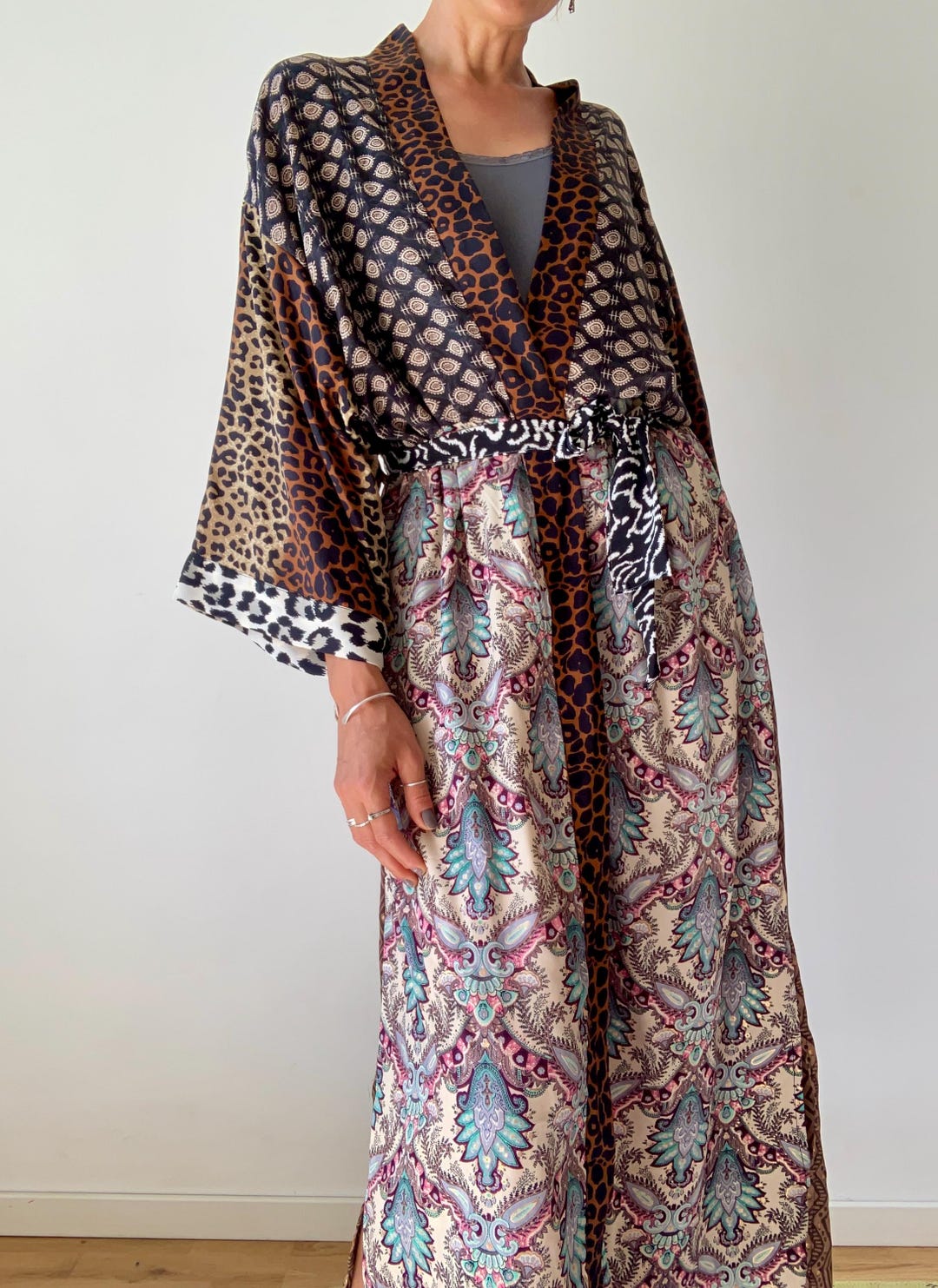 Patchwork Floor Length Robe Wrap Tie Kimono Silky Duster Trendy Boho ...