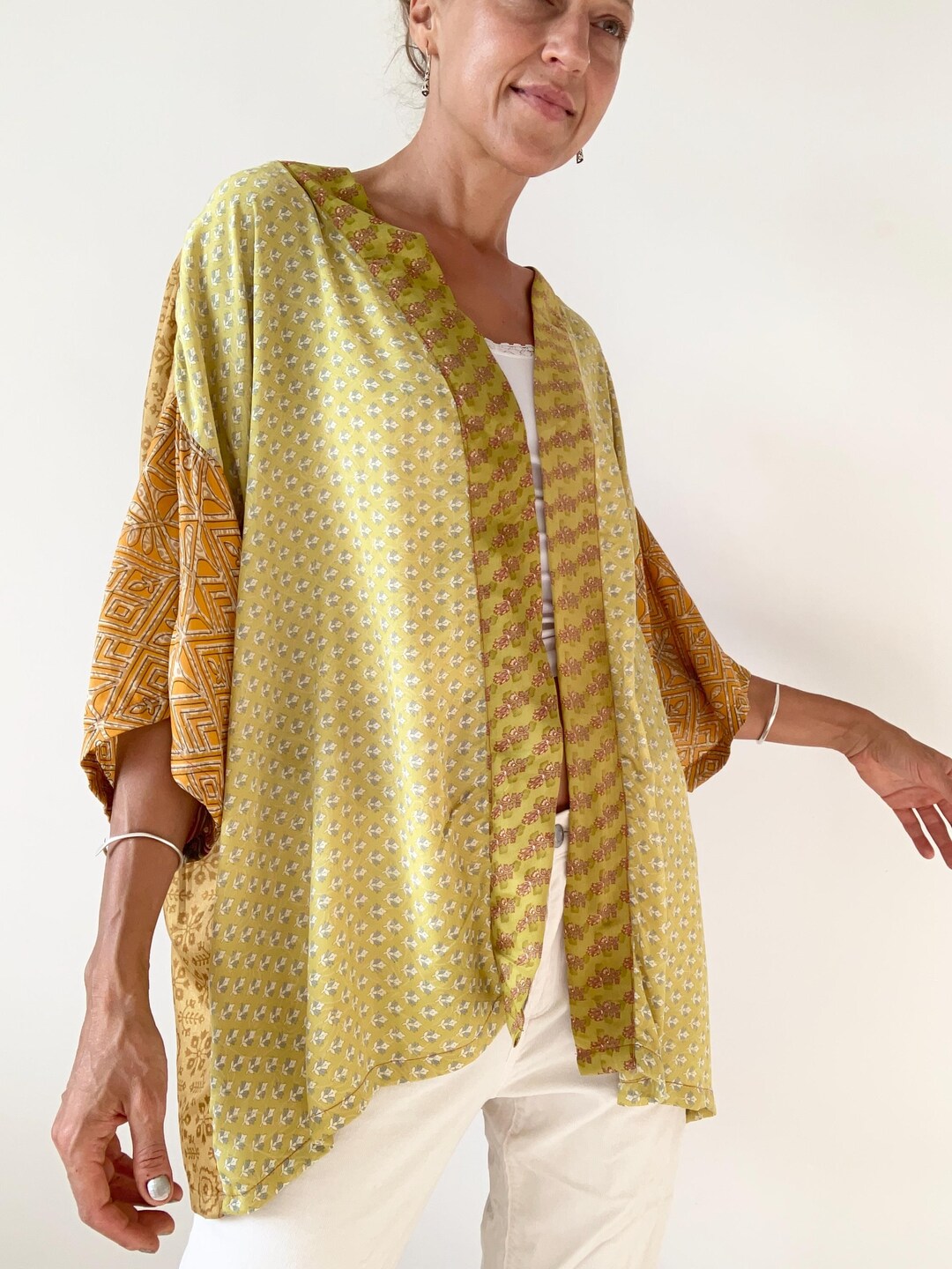 Vintage Silk Boho Shirt Oversized Kimono Blouse Unisex Summer Topper ...