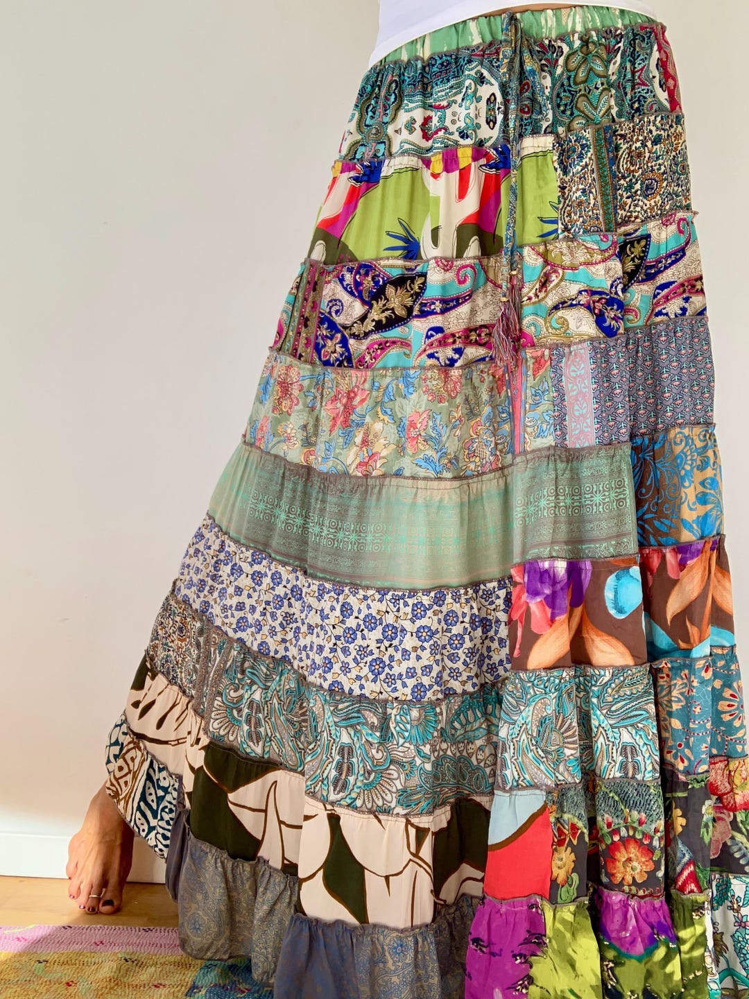 Tiered Patchwork Maxi Skirt - Boho Floral Print, One Size Pull on Skirt ...