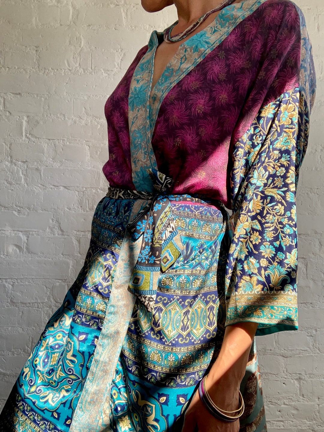 Silk Short Duster Wrap Tie Robe Beach Cover up Colorful Patchwork ...