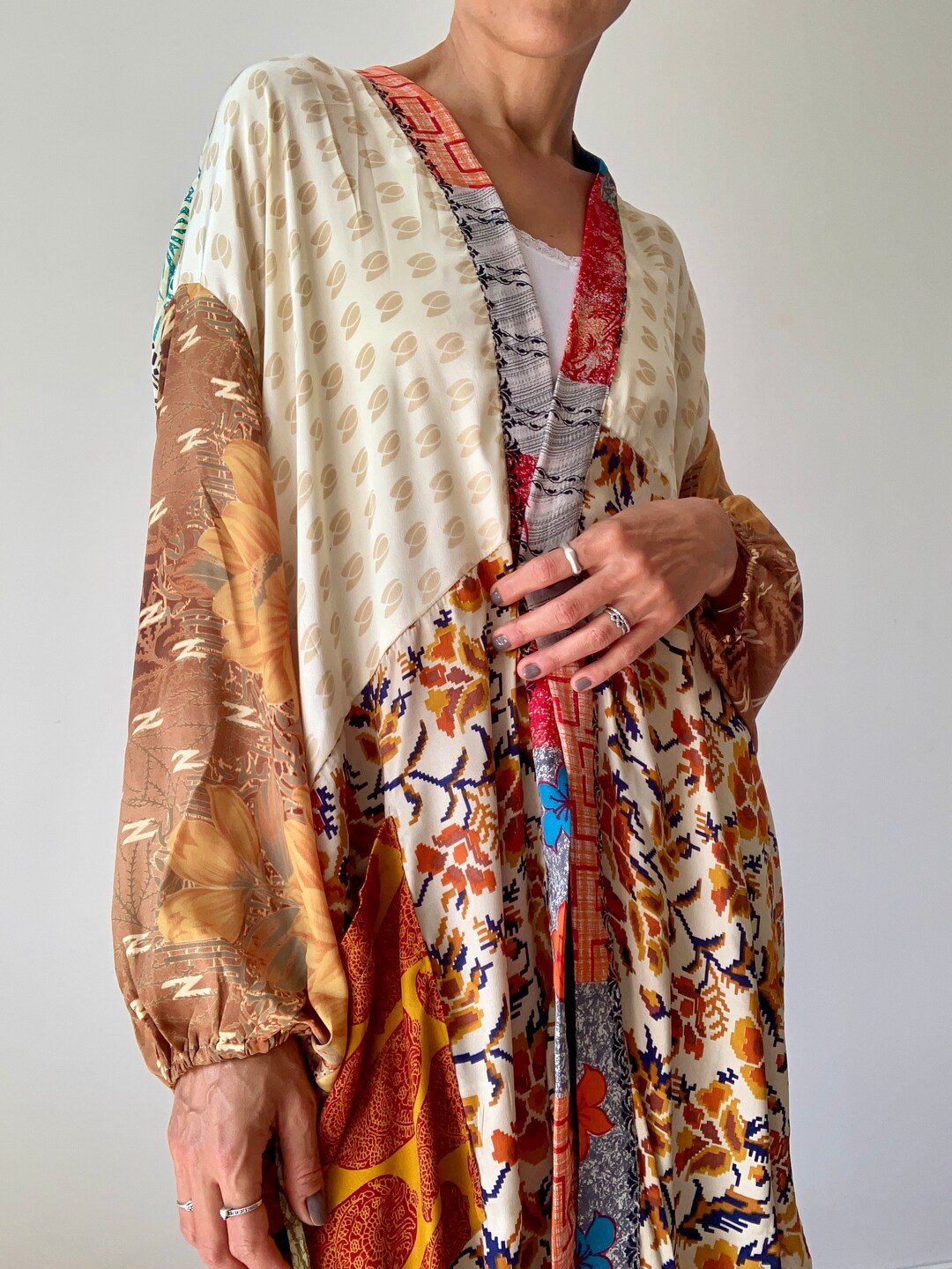 Silk Midi Duster Puff Sleeve Comfy Wrap Tie House Coat Relax Silk Robe ...