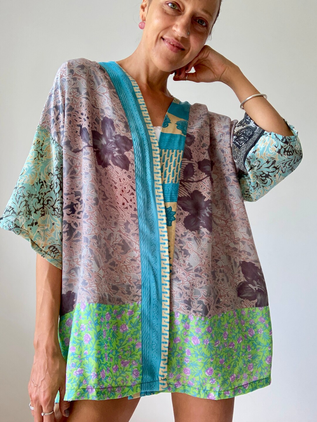 Patchwork Short Kimono Shirt Open Front Wrap Tie Top Funky Free Size ...