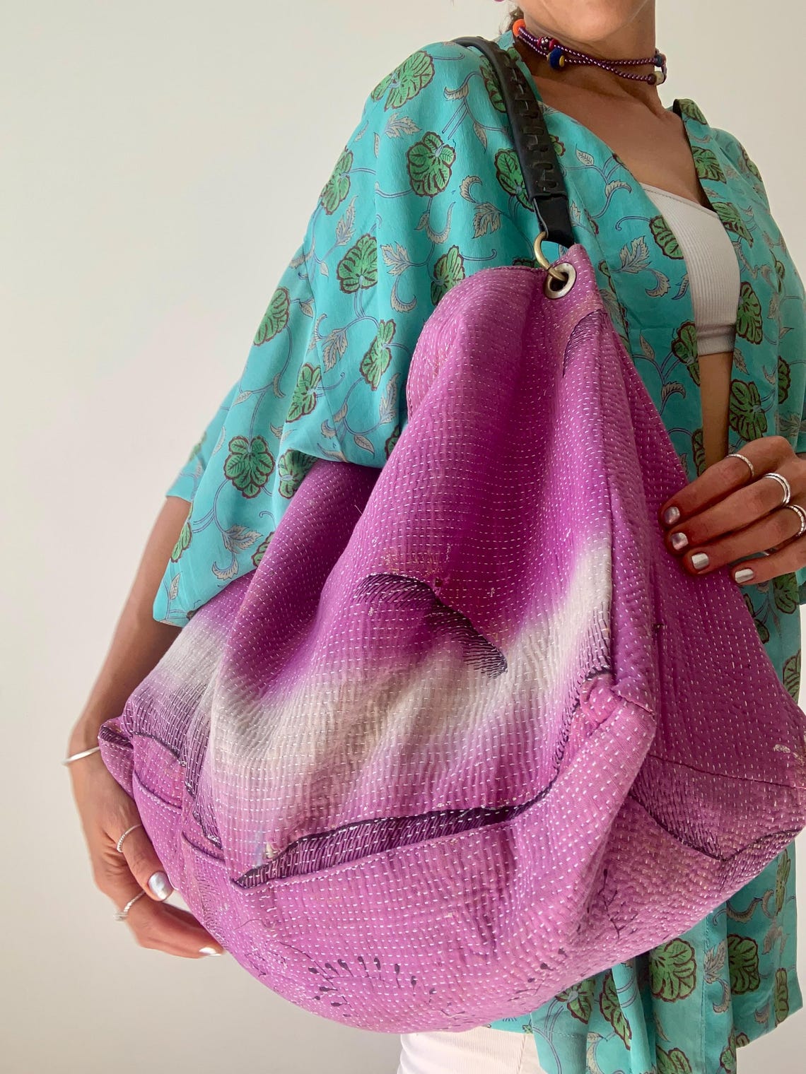 Kantha Shoulder Bag Lavender Large Hand Bag Strong Weekender Bag ...