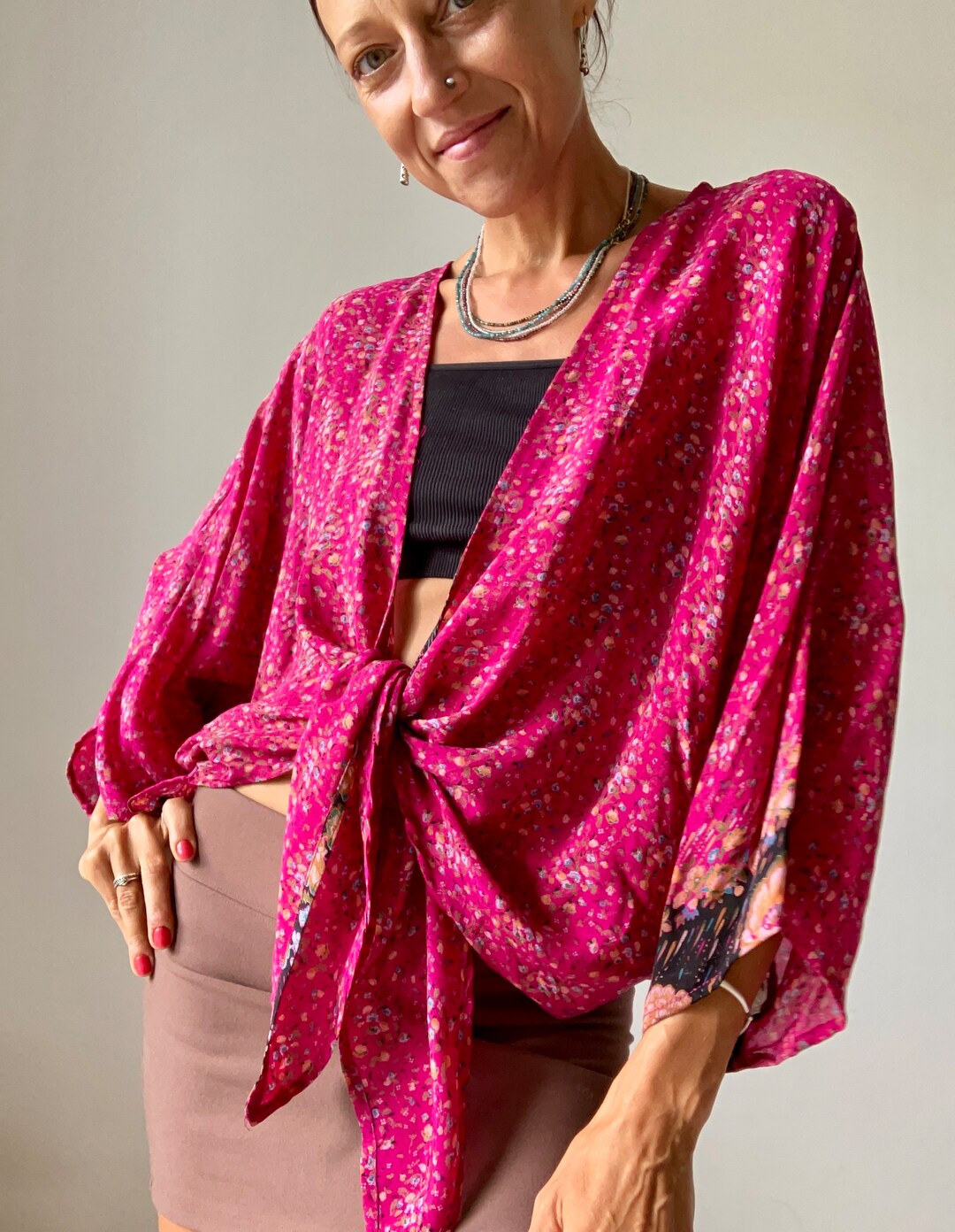 Silk Overthrow Blouse Free Size Kimono Top Oversized Cover up Boho Wrap ...