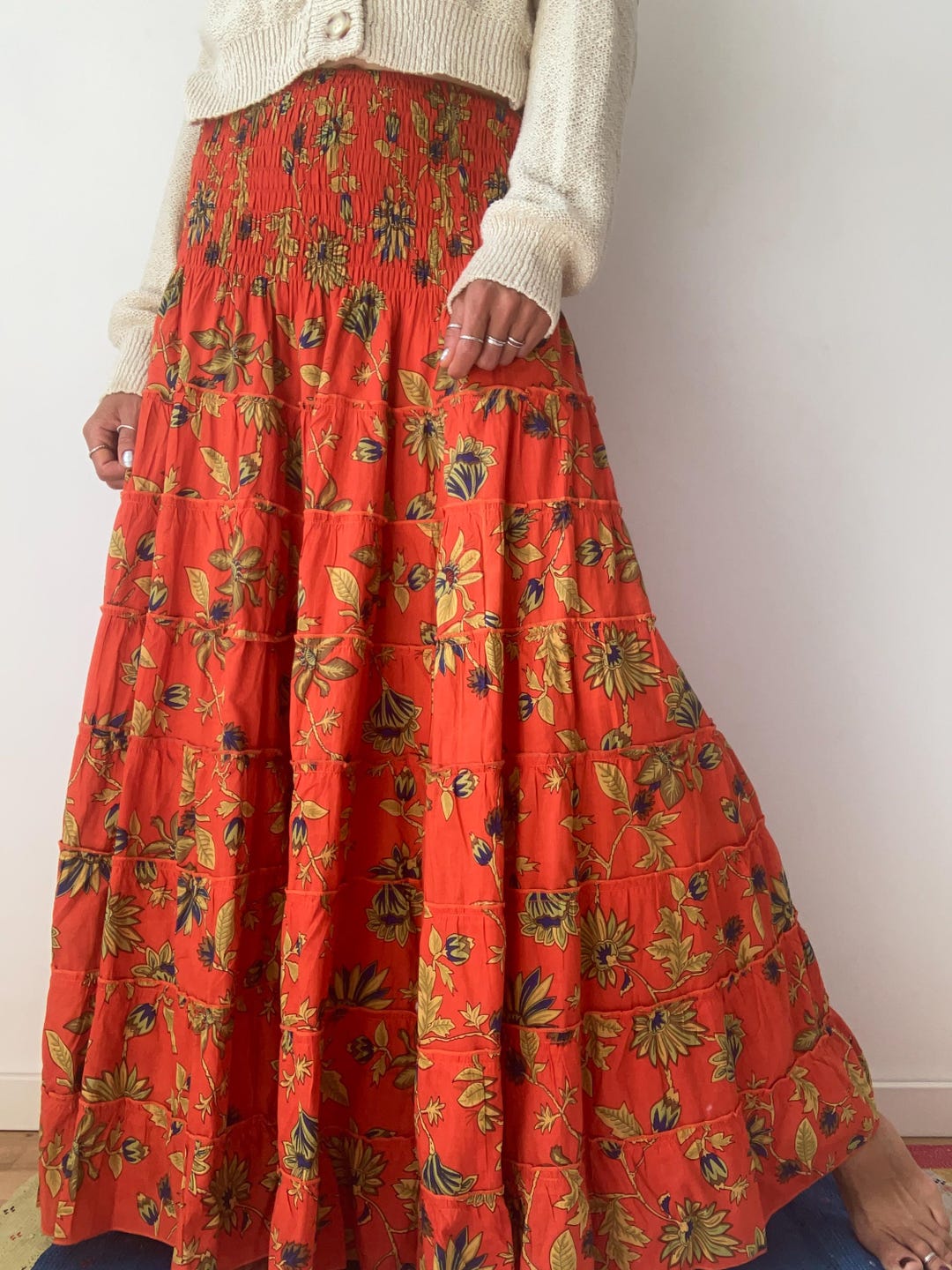 Broomstick Maxi Skirt Tiered Free Size Flowy Colorful Loose Wide ...