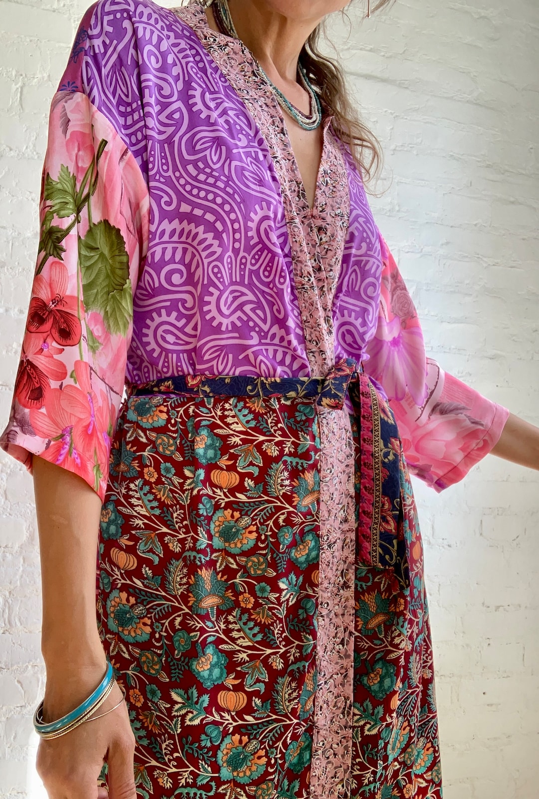 Patchwork Silk Robe Comfy Midi Duster Wrap Tie House Jacket Morning ...