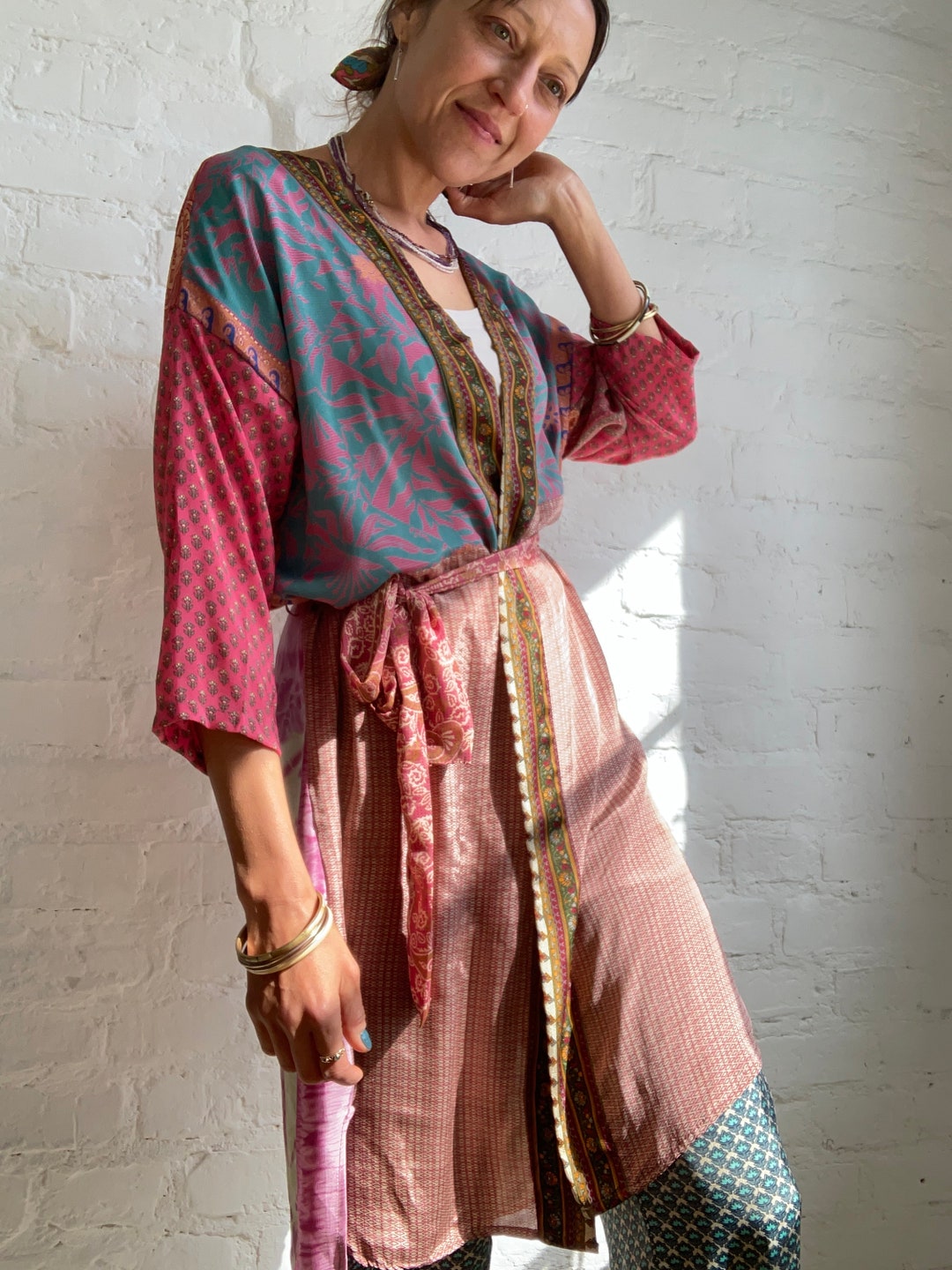 Pajam Coat Silky Dressing Gown House Jacket Hippie Boho Shirt Up-cycled ...