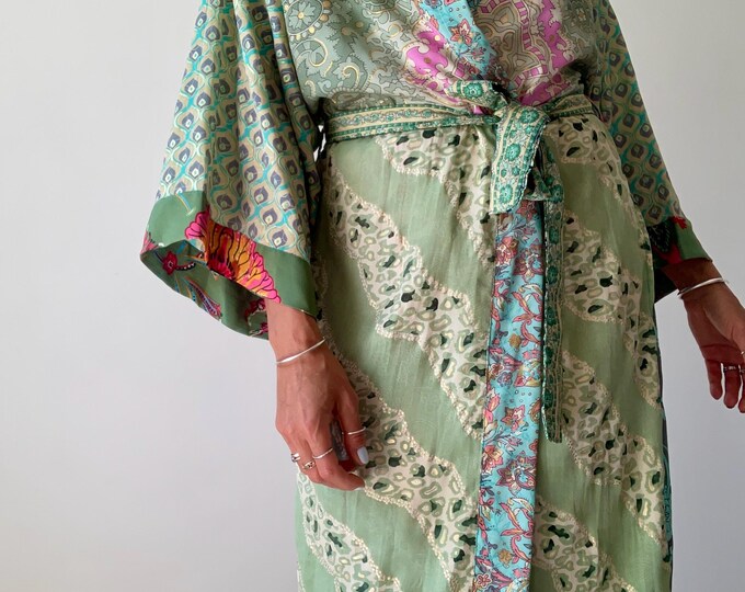 Silky Duster Coat Patchwork Daily Robe Morning Gown House Coat ...