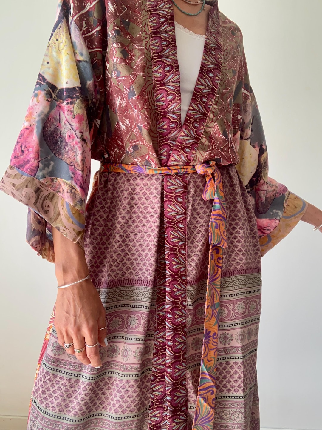 Patchwork Long Kimono Lounging Robe Colorful Comfy Duster Over Coat ...