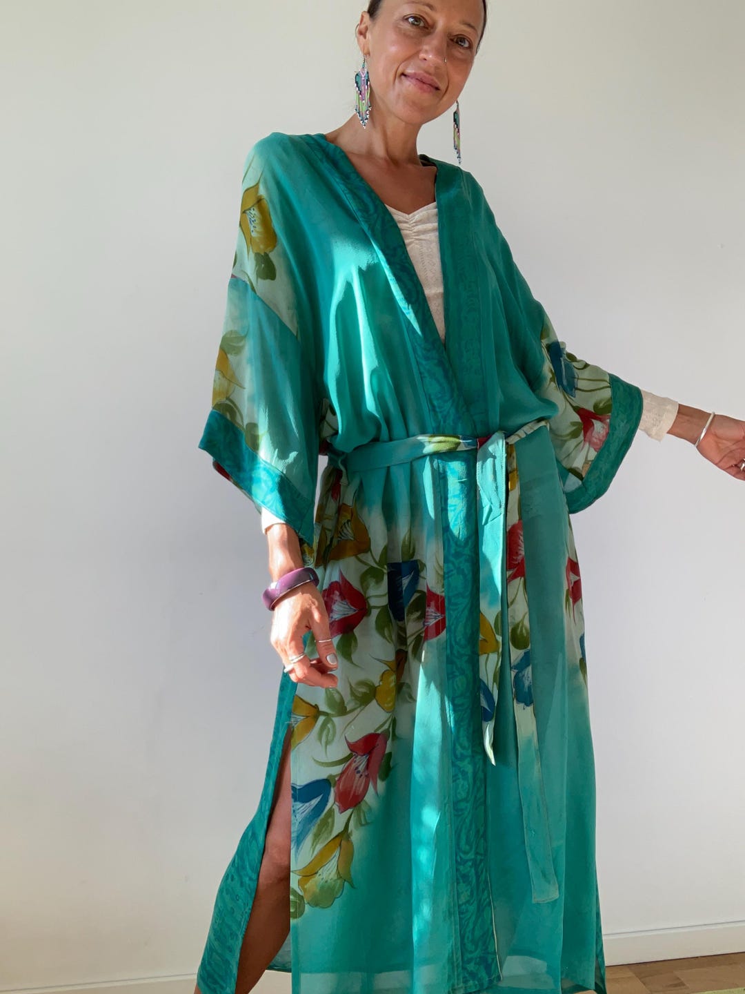 Silk Kimono Robe: Floral Boho Lounge Wrap Robe Airy Sheer Silk Robe ...