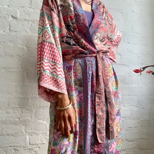 Colourful Boho Robe Patchwork Kimono Silky Loose Duster Morning Gown ...