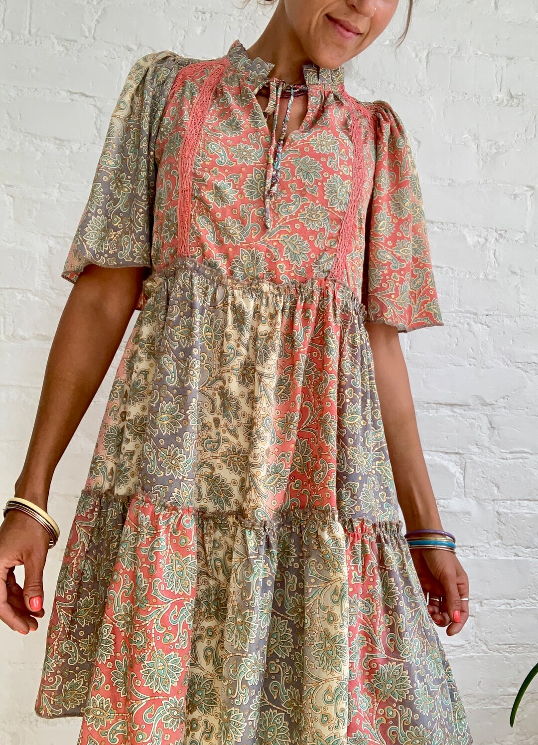 Floral Shabby Flared Mini Dress Long Frilled Bell Sleeve - Etsy