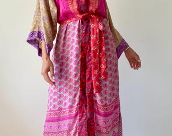 Silky Duster Coat Patchwork Daily Robe Morning Gown House Coat ...