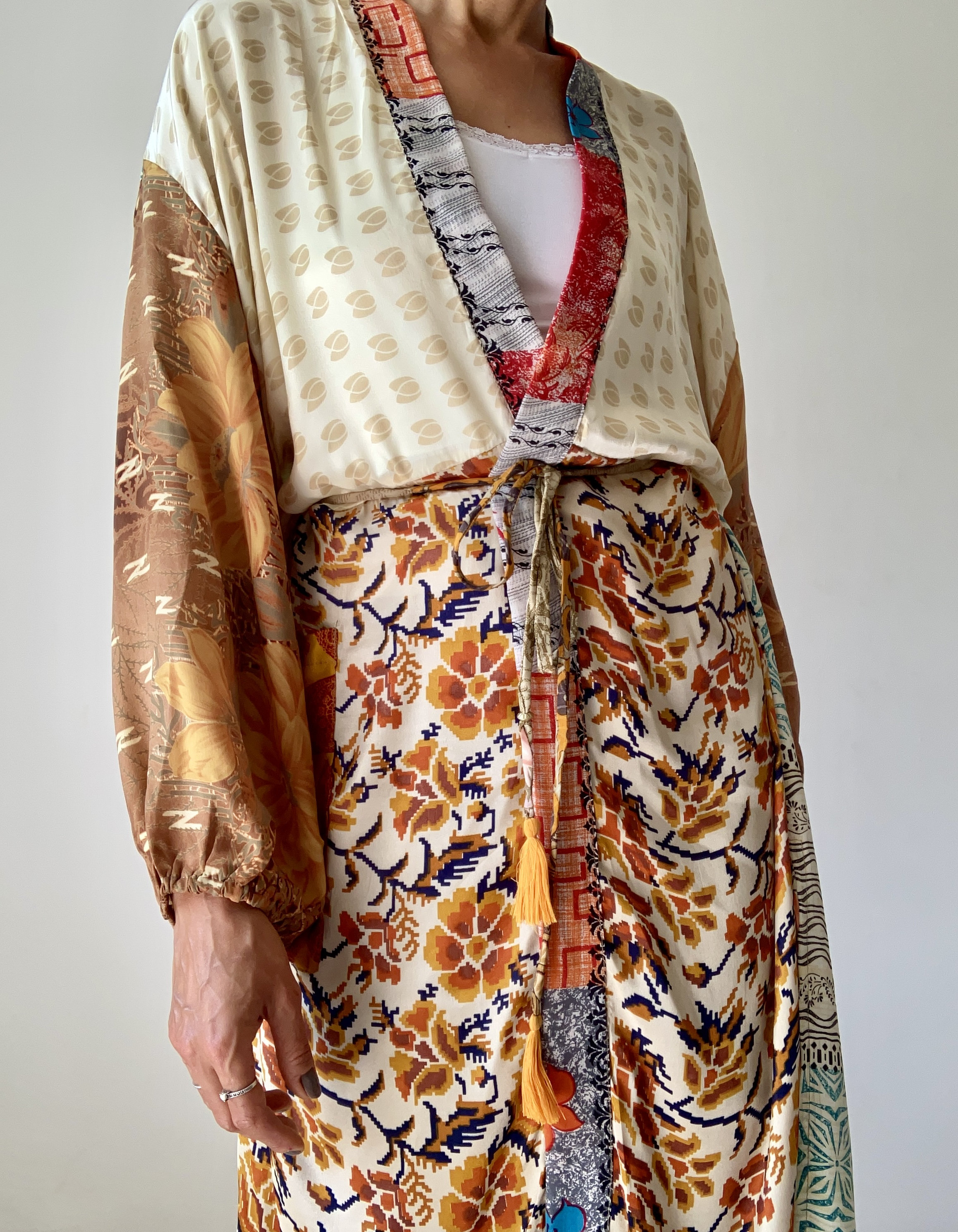 Silk Midi Duster Puff Sleeve Comfy Wrap Tie House Coat Relax Silk Robe ...