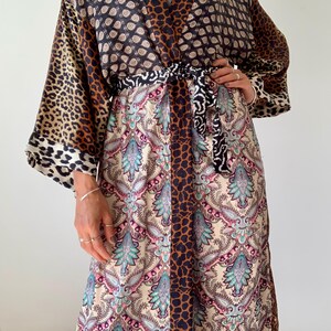 Patchwork Floor Length Robe Wrap Tie Kimono Silky Duster Trendy Boho ...