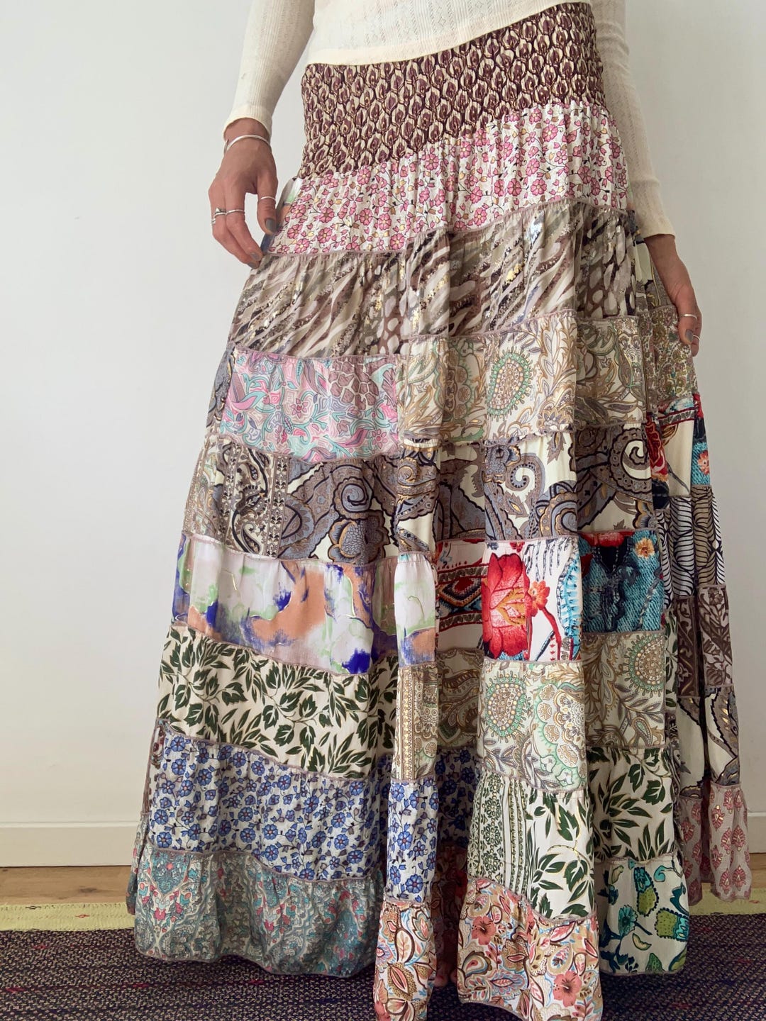 Tiered Colorful Skirt Fun Hippie Patchwork Floaty Silky Skirt Long Boho ...