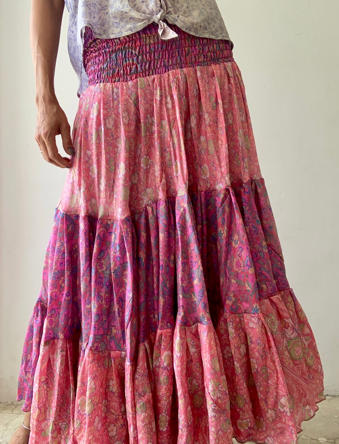 3 Tiered Silk Skirt Long Floaty Smocked Waist Wrinkled Boho Hippie ...