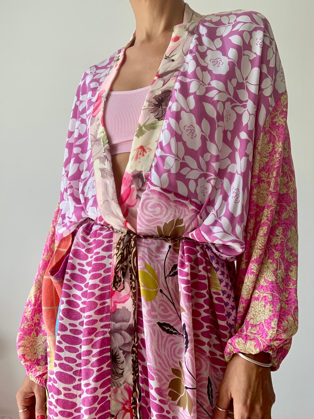 Silk Robe Mid Length Patchwork House Shirt Comfy Duster Loungewear Boho ...