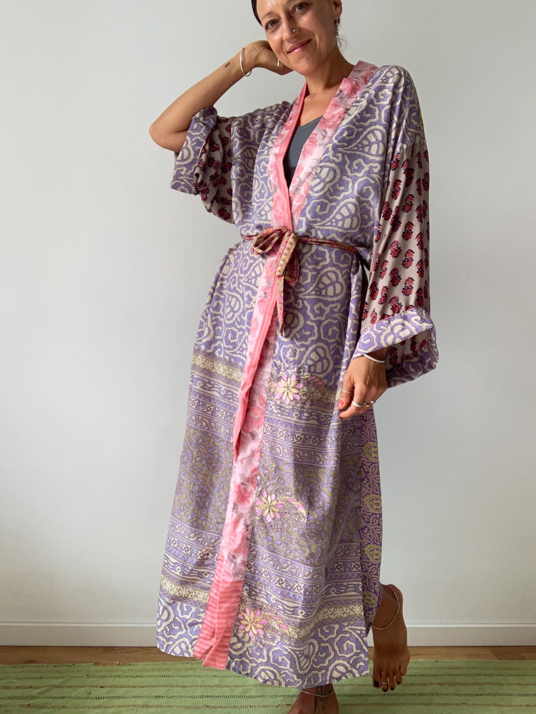 Boho Patchwork Kimono Robe: Silky Duster Coat With Tie Belt Robe for ...