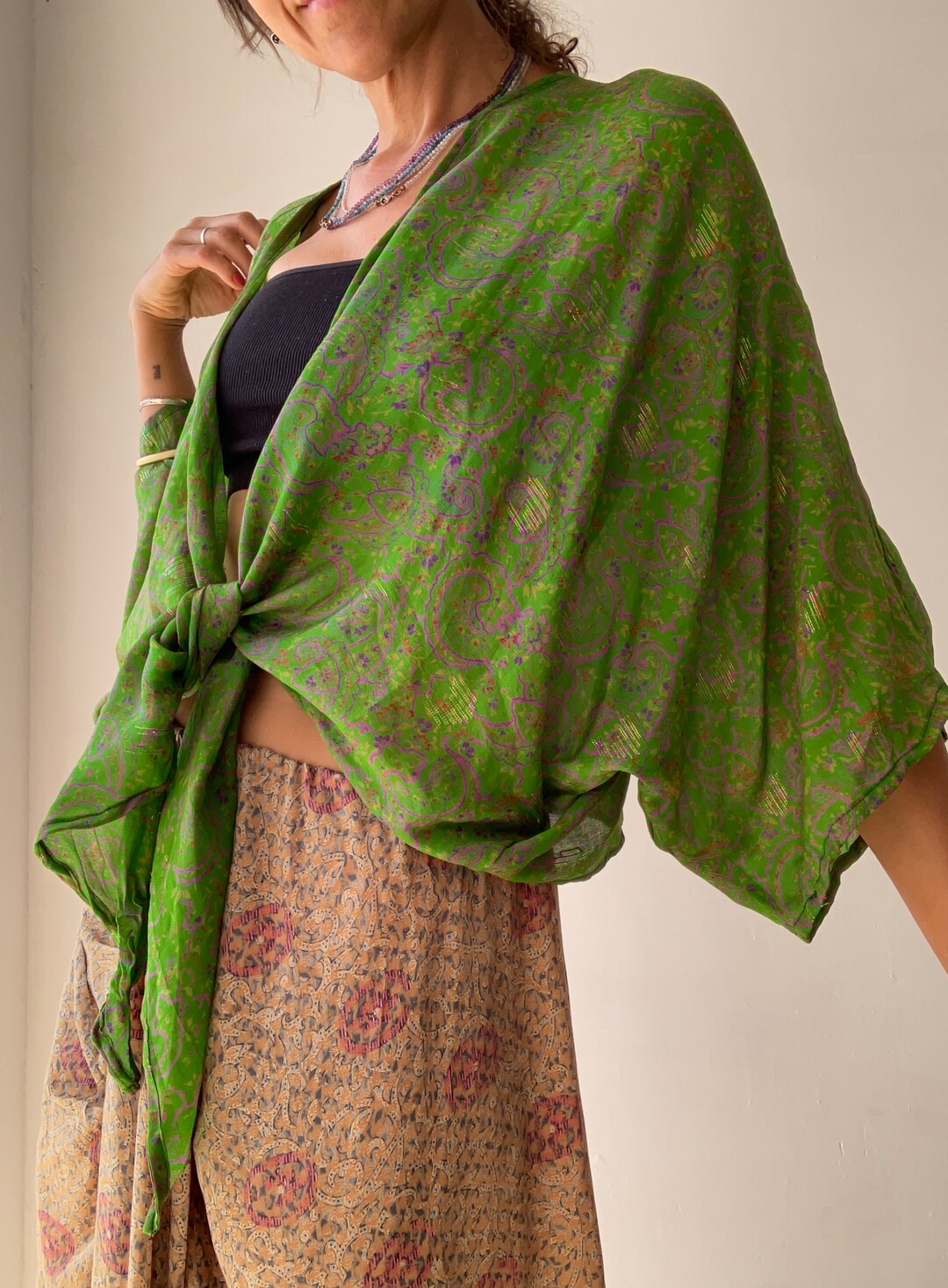 Silk Crop Top Tie Front Free Size Summer Light Cover up Cardigan Boho ...