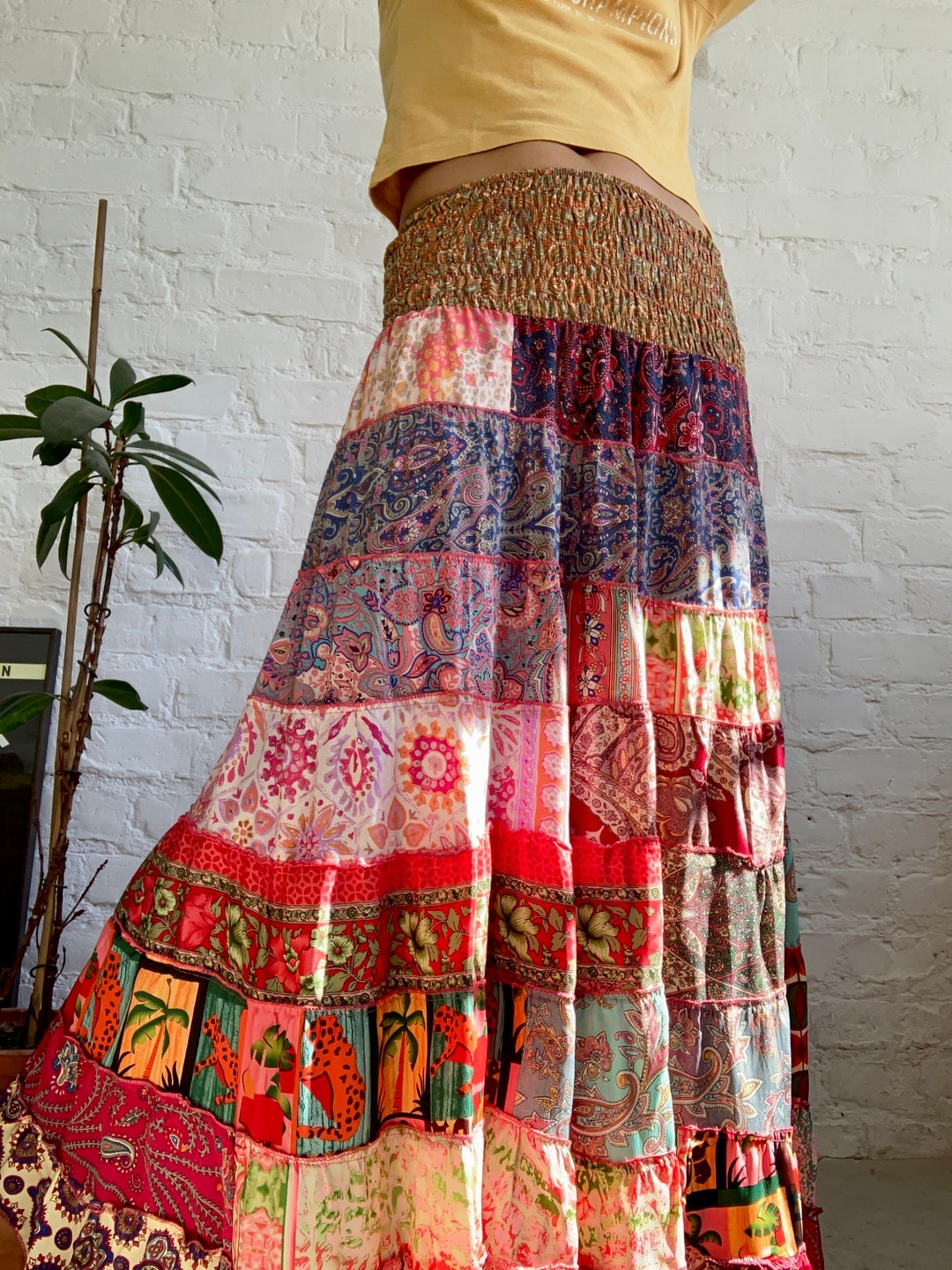 Broomstick Maxi Skirt Tiered Free Size Flowy Colorful Loose Wide ...