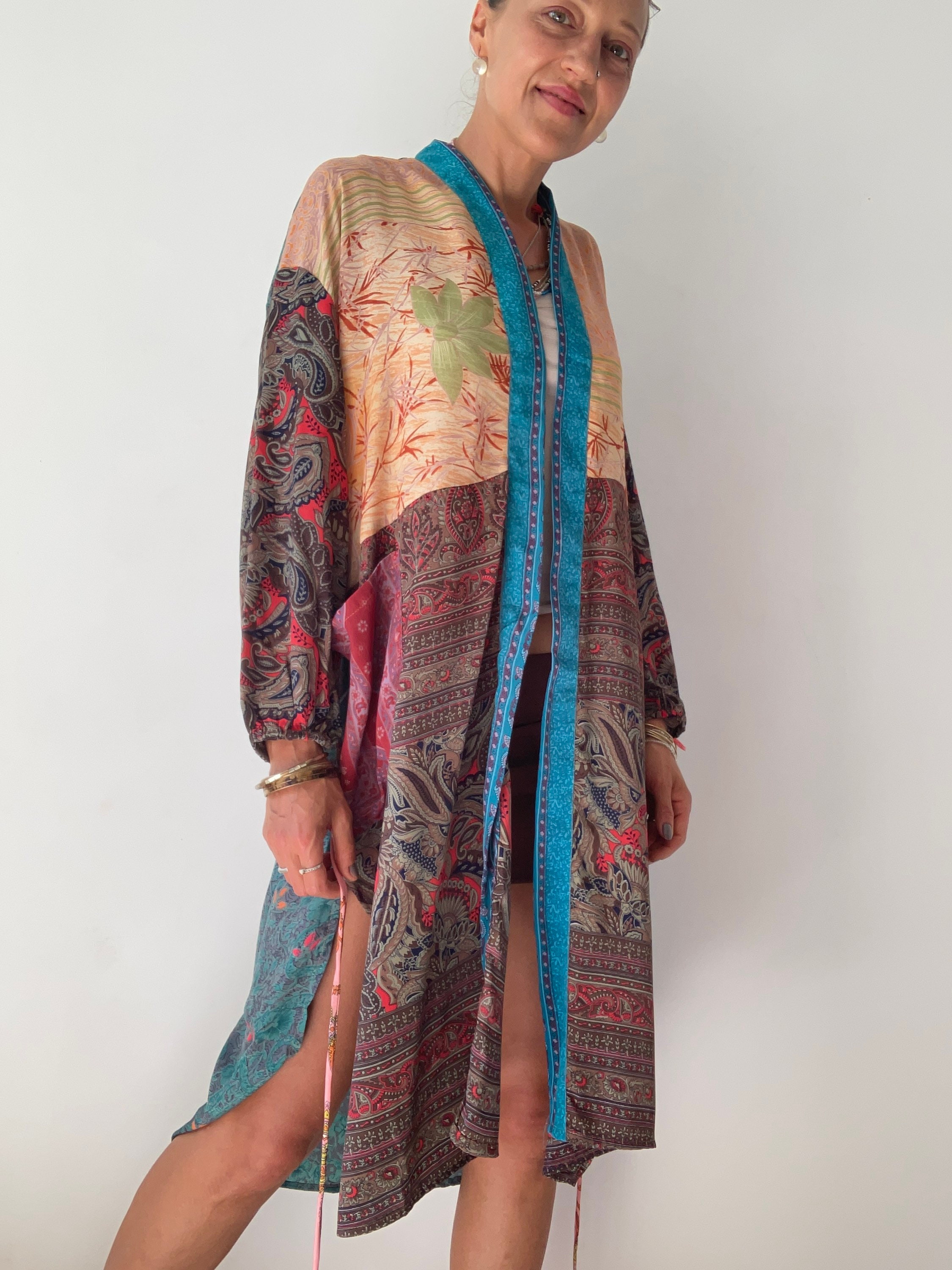 Colorful Patchwork Duster Puff Sleeve Silk Kimono Wrap Tie - Etsy