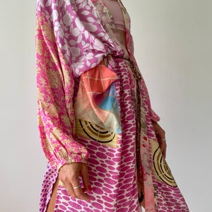 Silk Robe Mid Length Patchwork House Shirt Comfy Duster Loungewear Boho ...