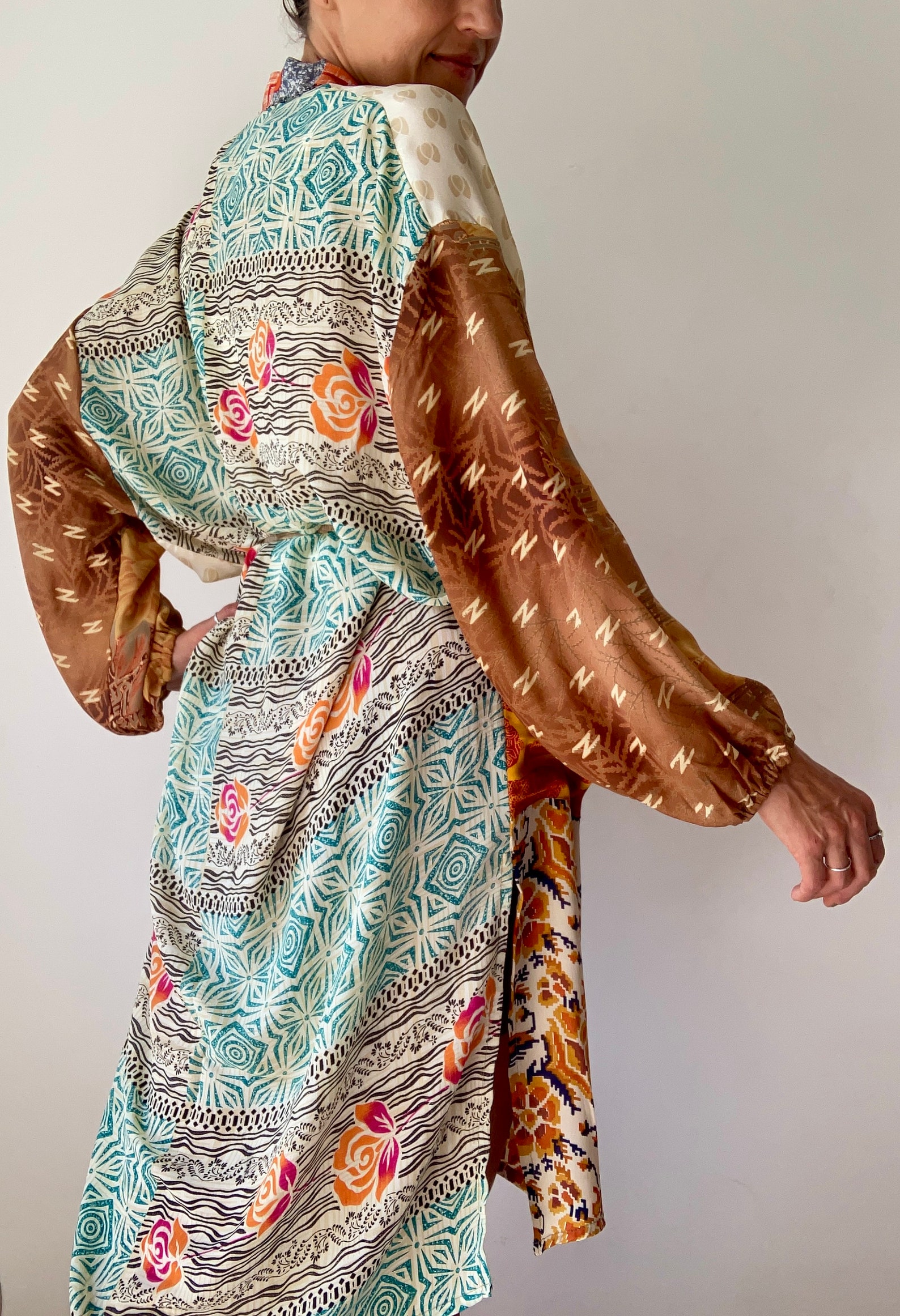Silk Midi Duster Puff Sleeve Comfy Wrap Tie House Coat Relax Silk Robe ...