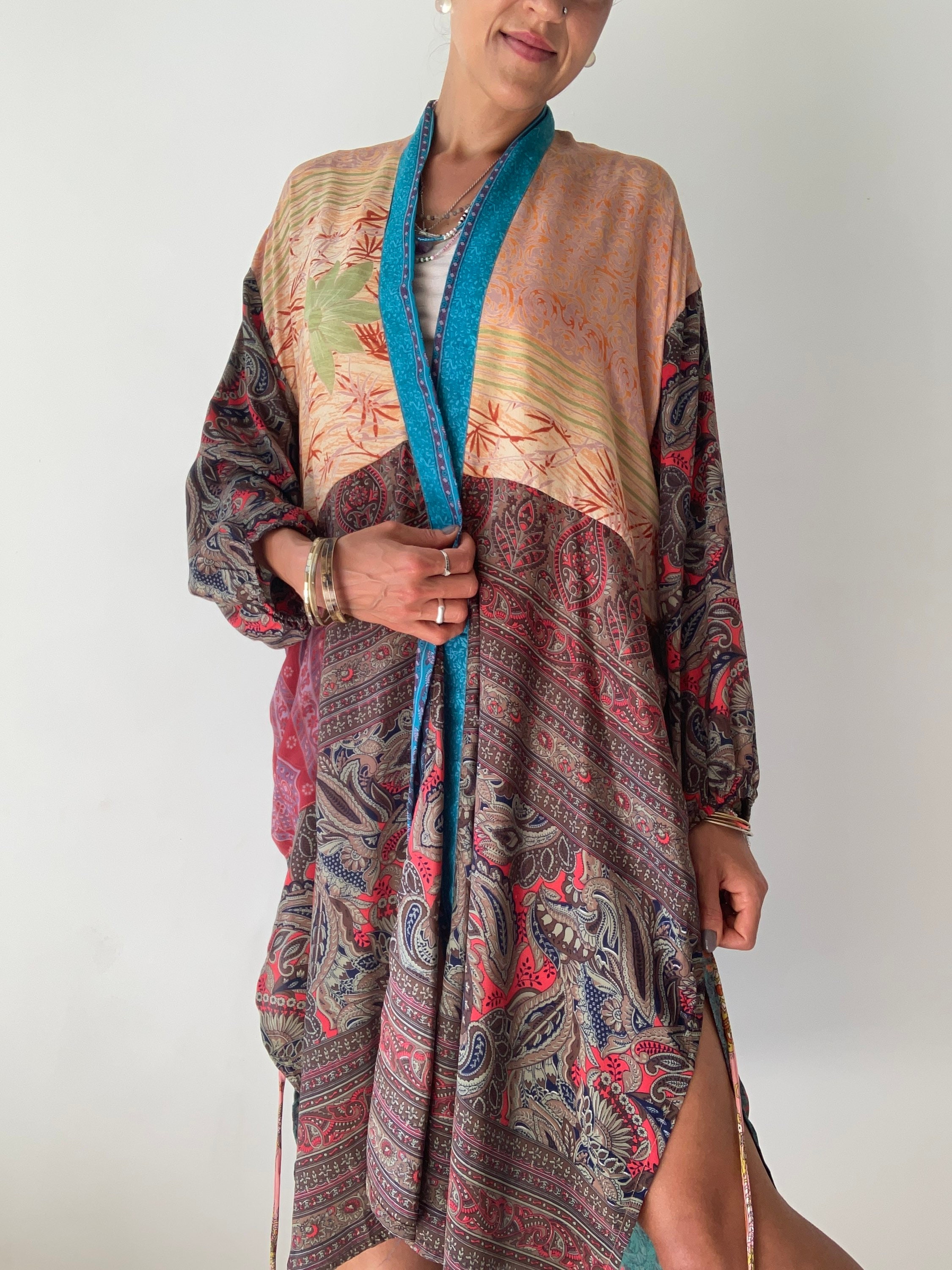 Colorful Patchwork Duster Puff Sleeve Silk Kimono Wrap Tie - Etsy