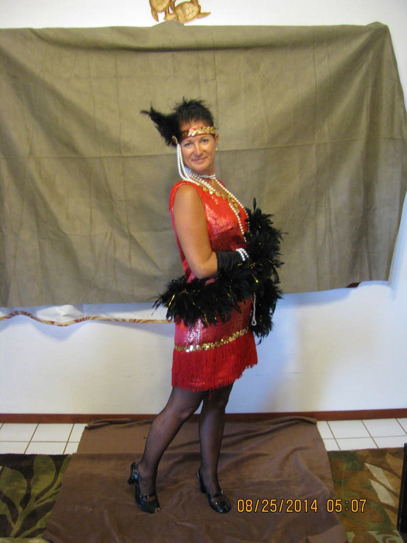 20's Flapper Costume in Red/gold Includes Dress, Boa, Gloves, Headpiece ...