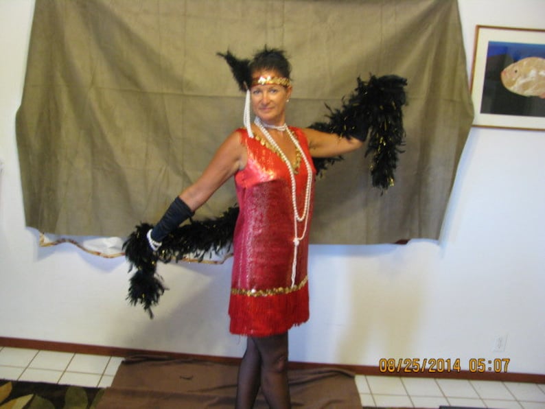 20's Flapper Costume in Red/gold Includes Dress, Boa, Gloves, Headpiece ...