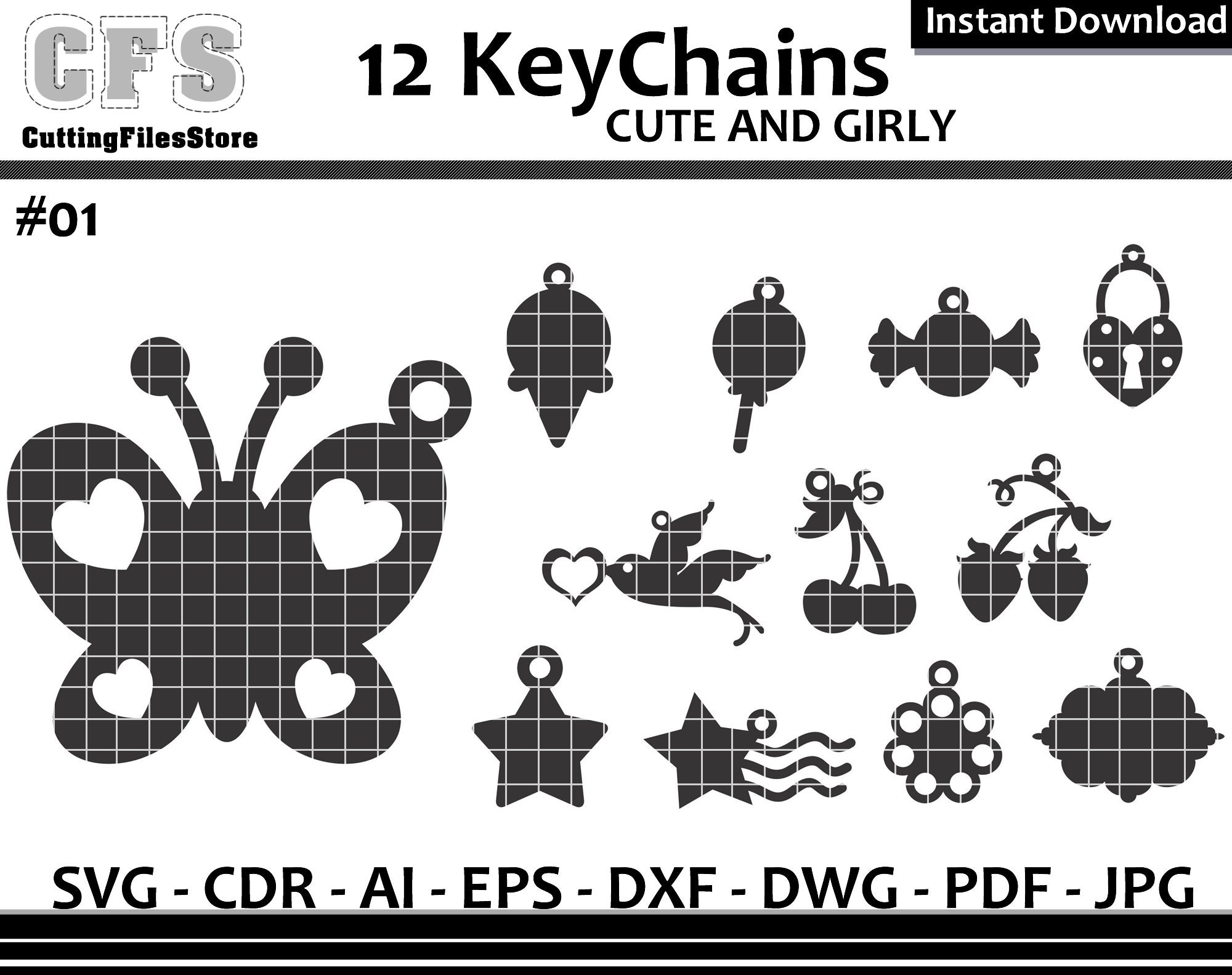 12 Keychains Girly Cute Keys CNC Laser Template Cut Files - Etsy