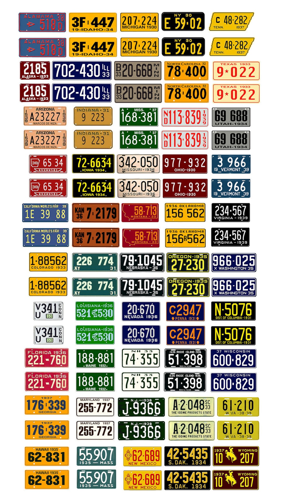 Scale Model Car Assorted USA License Plates State Tags 1930 1930s 1/18 ...