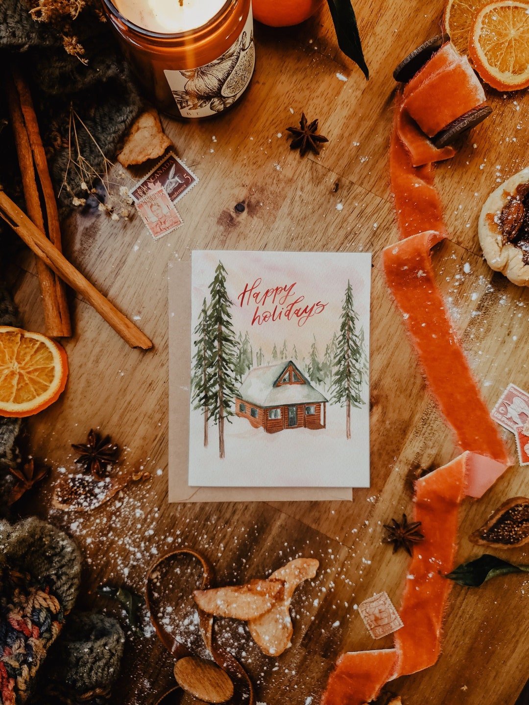 Watercolor Cabin Christmas Card | Winter Wonderland Holiday Card - Etsy