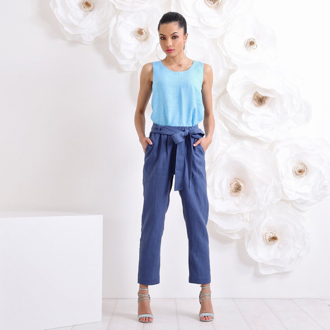 Tapered Linen Pants, Linen Trousers, Loose Capri Pants With Tie Belt ...