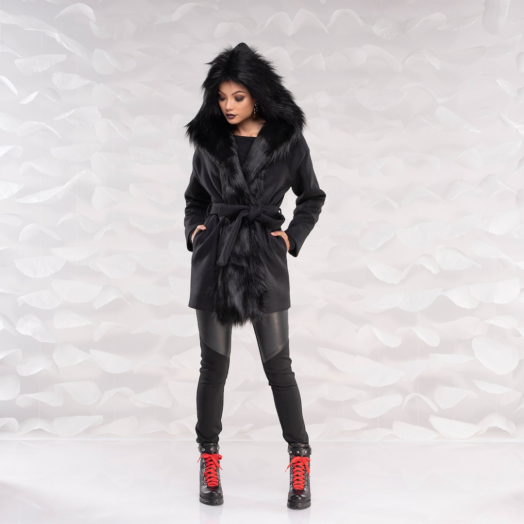 Faux Fur Coat Women, Black Fur Coat, Hooded Fur Coat, Winter Coat, Plus ...