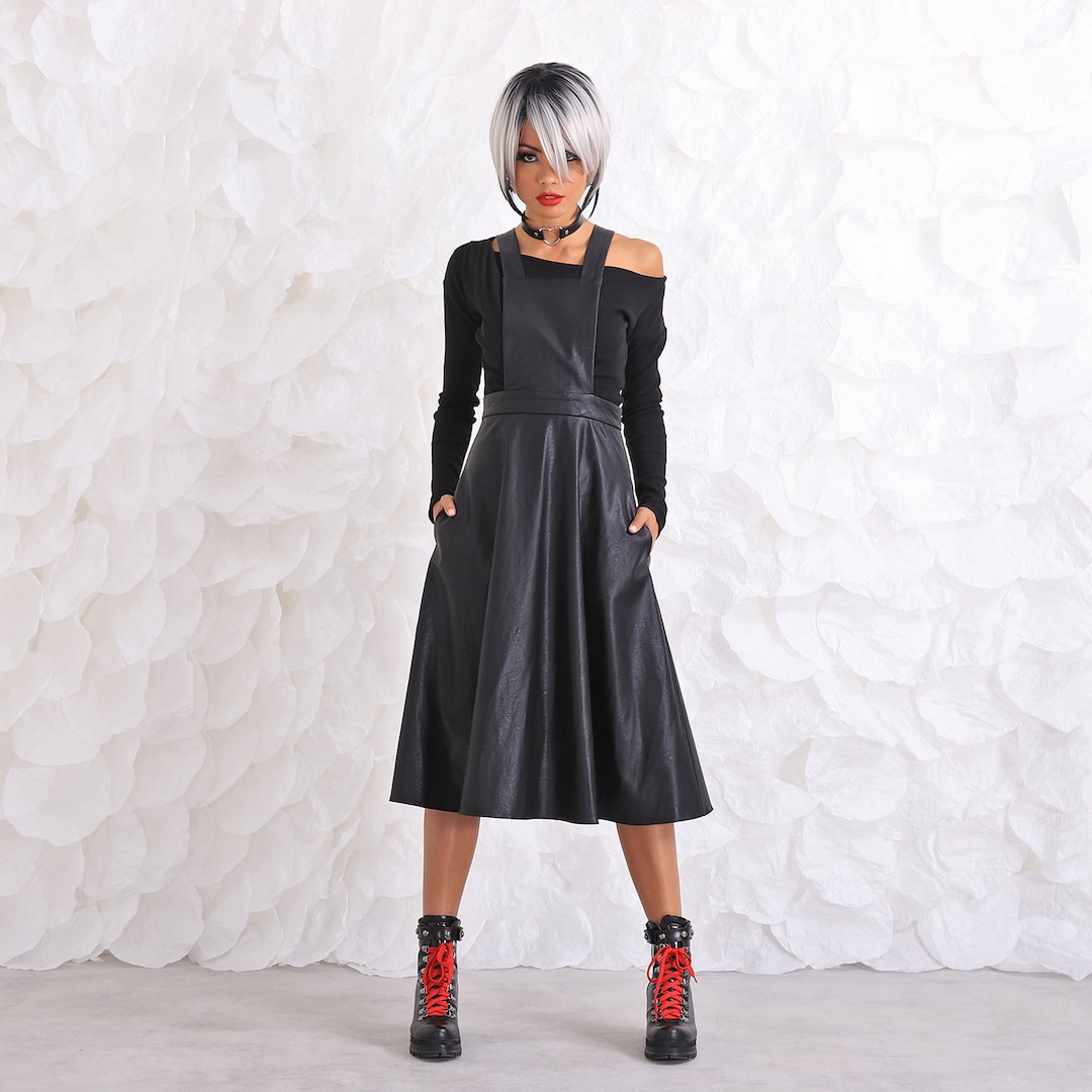 Black Pinafore Dress, Leather Dresses for Women, Apron Faux Leather ...