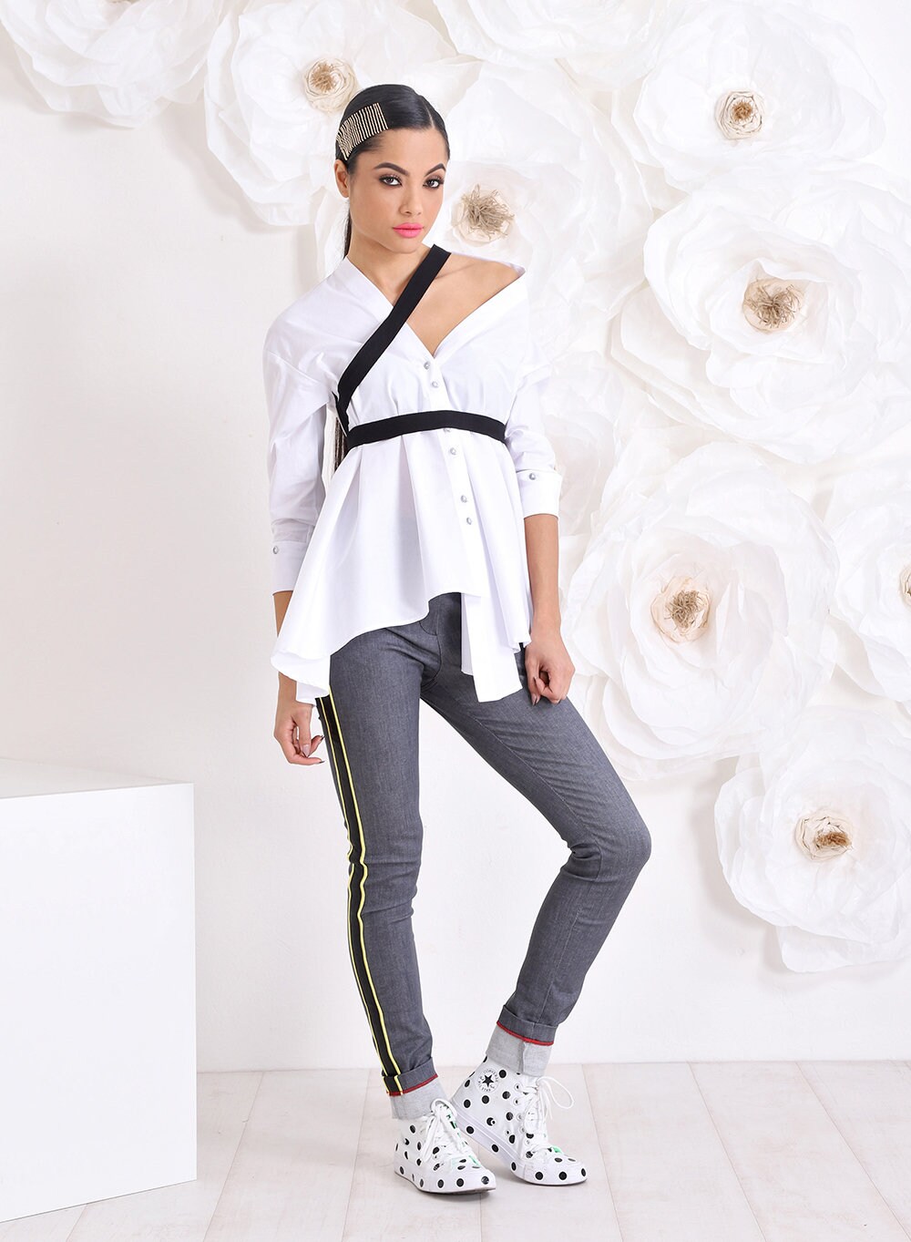 White Asymmetrical Tunic Button Down Shirt Womens Clothing | Etsy