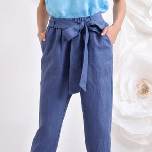 Tapered Linen Pants, Linen Trousers, Loose Capri Pants With Tie Belt ...