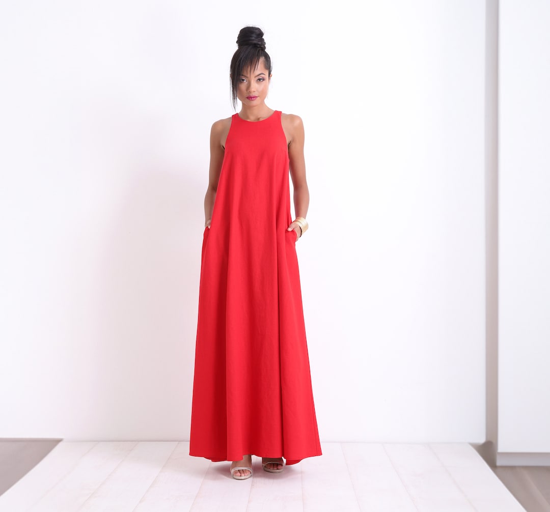 Red Linen Maxi Dress - Sleeveless Cocktail Kaftan, Women's Linen ...