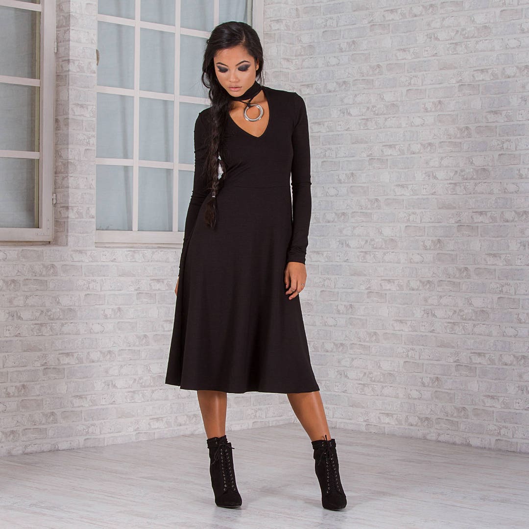 Black Dress, Midi Dress, Cotton Dress, Long Sleeve Dress, Plus Size ...