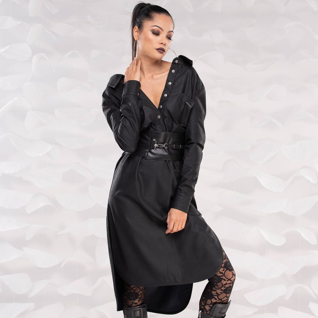 Faux Leather Dress, Gothic Dress, Black Shirt Dress, Long Dress, Witchy ...