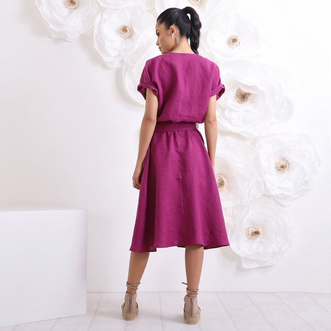 Linen Apron Dress, Magenta Dress With Pockets, Midi Summer Dress ...
