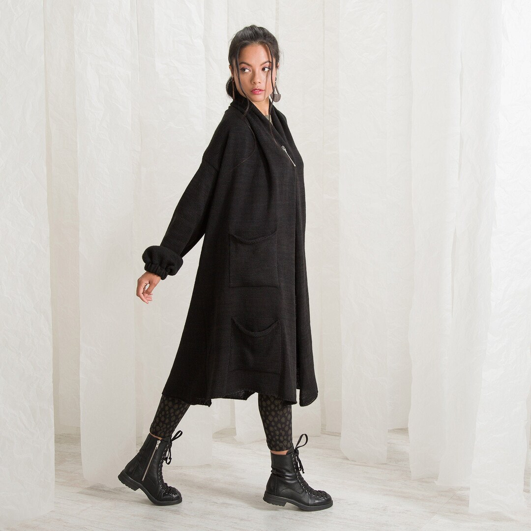 Winter Wool Sweater Coat, Wool Knitted Cardigan, Black Sweater Coat ...